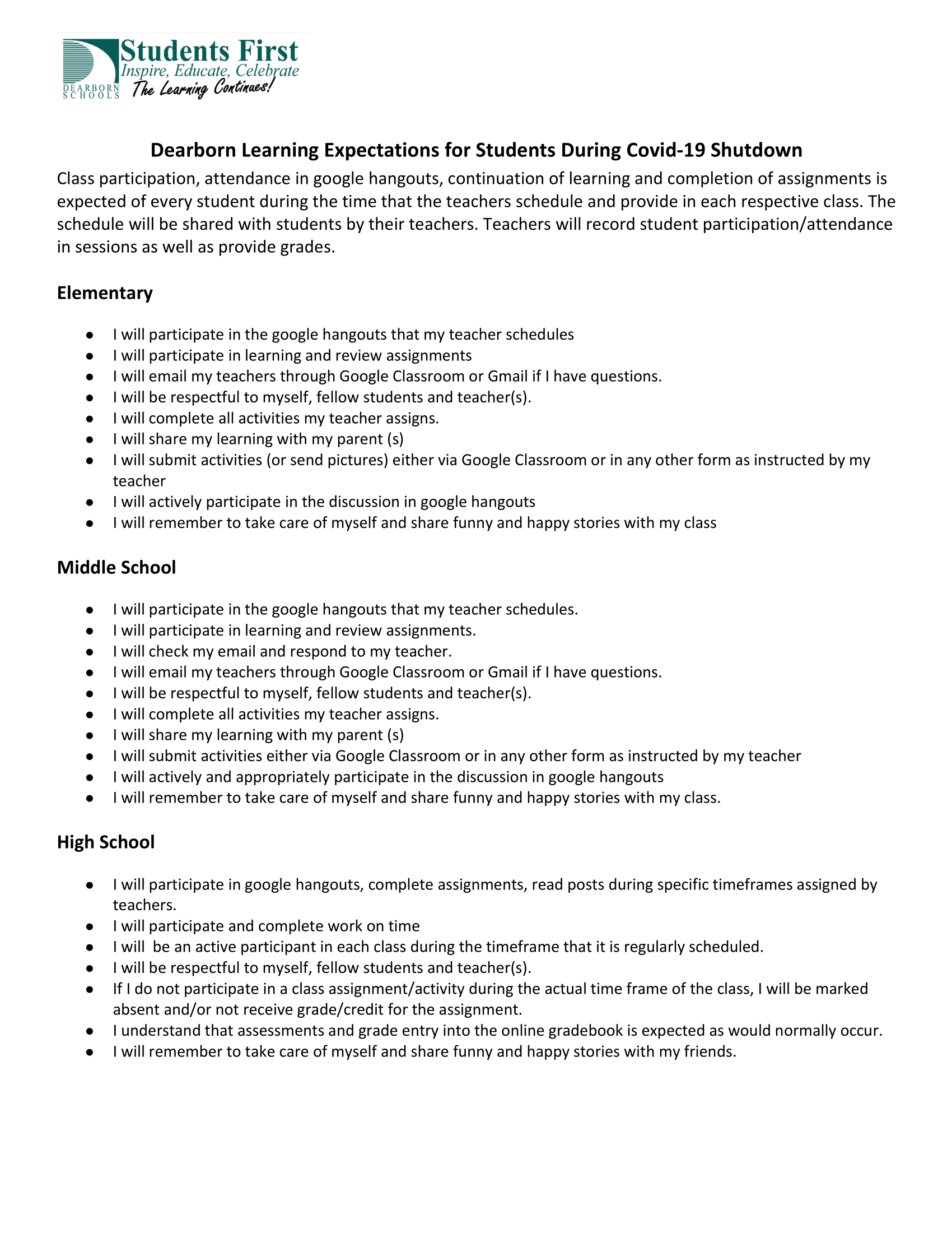 Remote Learning Plan – – Fordson High School